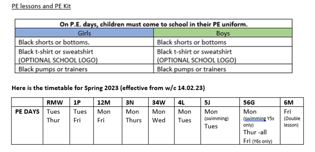 PE Timetable | Holmer Lake Primary School